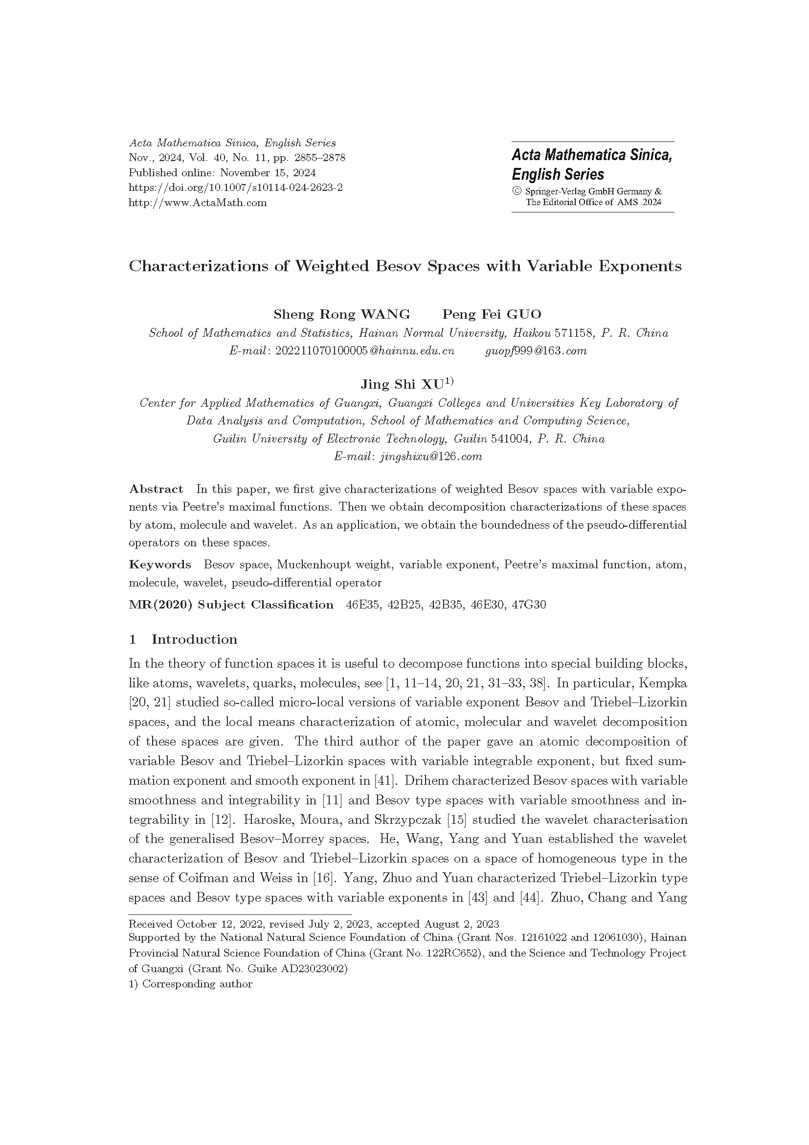 徐景实的团队在Acta Mathematica Sinica, English Series发表论文